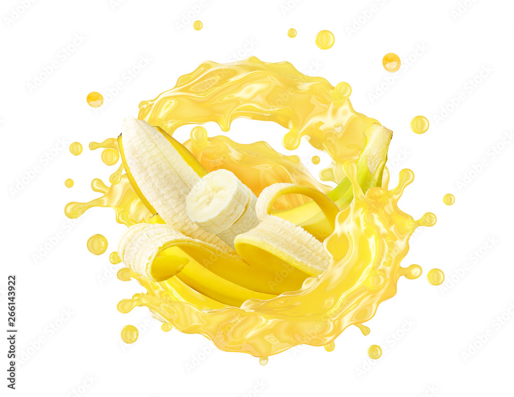 Fresh ripe banana, slice and banana juice splash swirl. Healthy food or ...