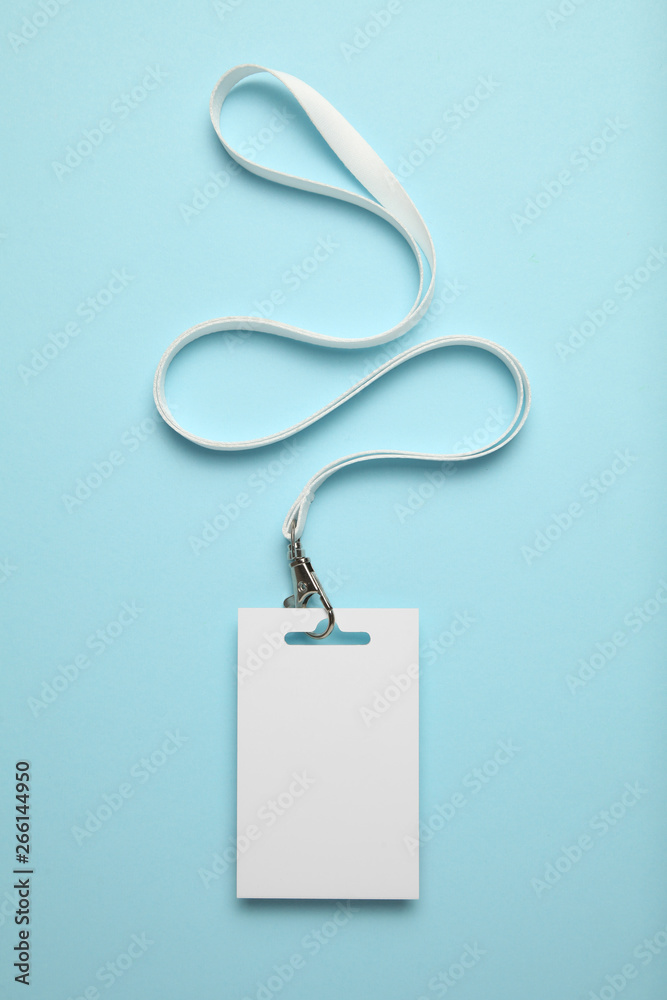 Name tag badge on blue background mockup, event identification. Stock ...