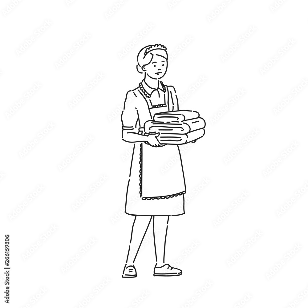 Service personnel maid woman in professional uniform. Line art style ...