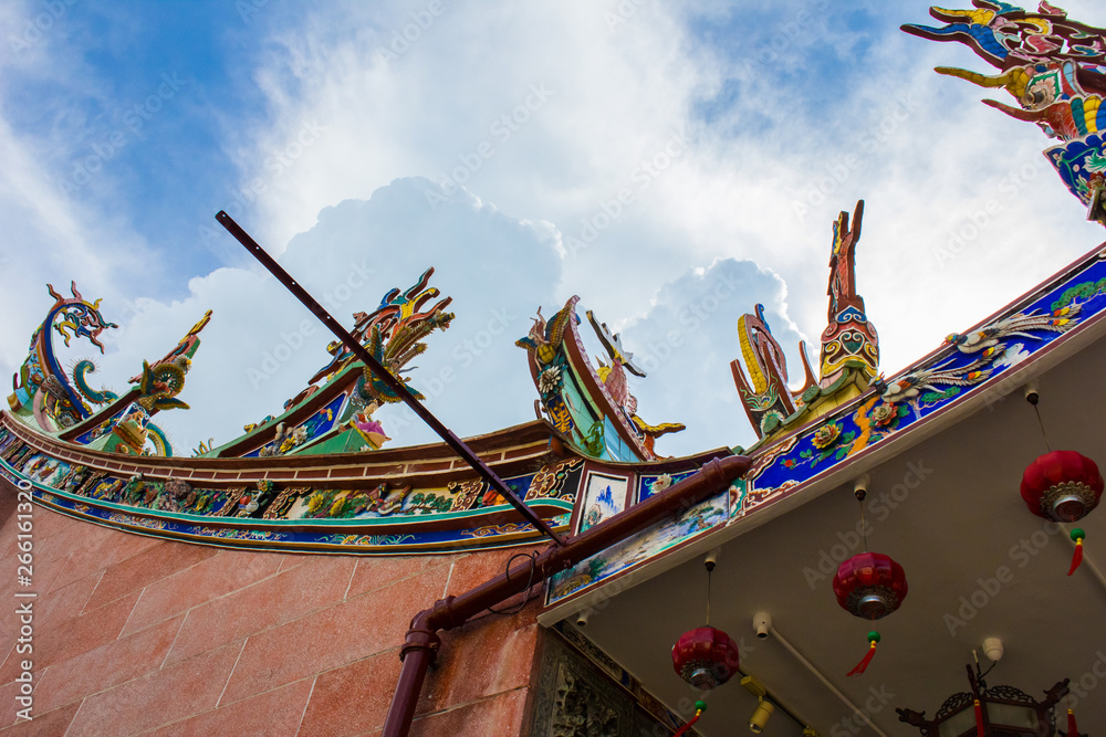 roof of Yap Kongsi and Ciji temple with blue sky background.in Penang ...
