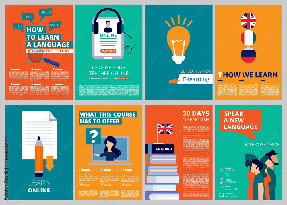 Education brochure covers. Training and courses vector magazine cover ...