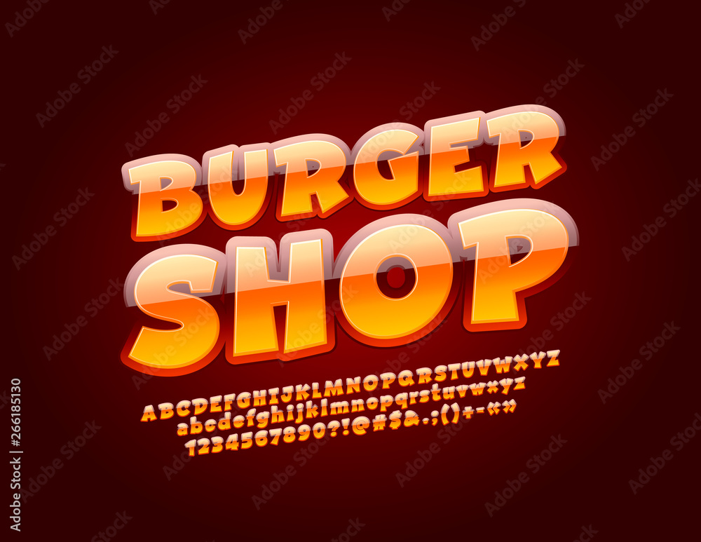 Vector glossy emblem Burger Shop with bright Alphabet Letters, Numbers ...