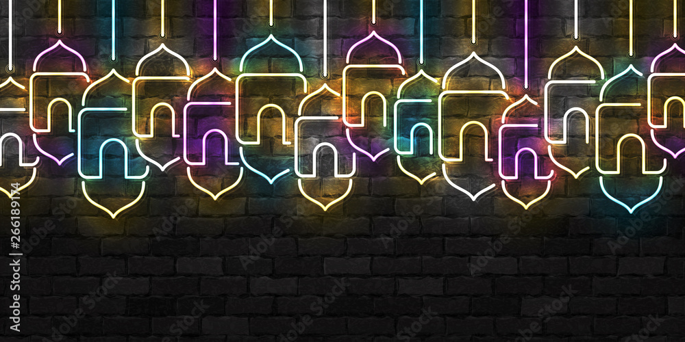 Vector realistic isolated neon sign of Islamic Lamp border logo for ...