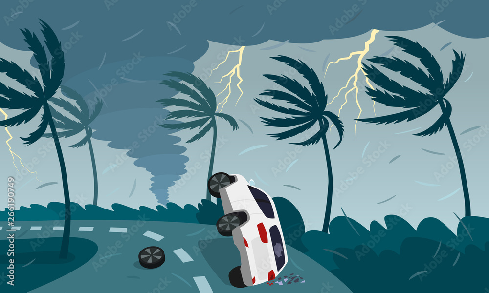 Tornado hurricane , emerging from the ocean. Car accident. A tropical ...