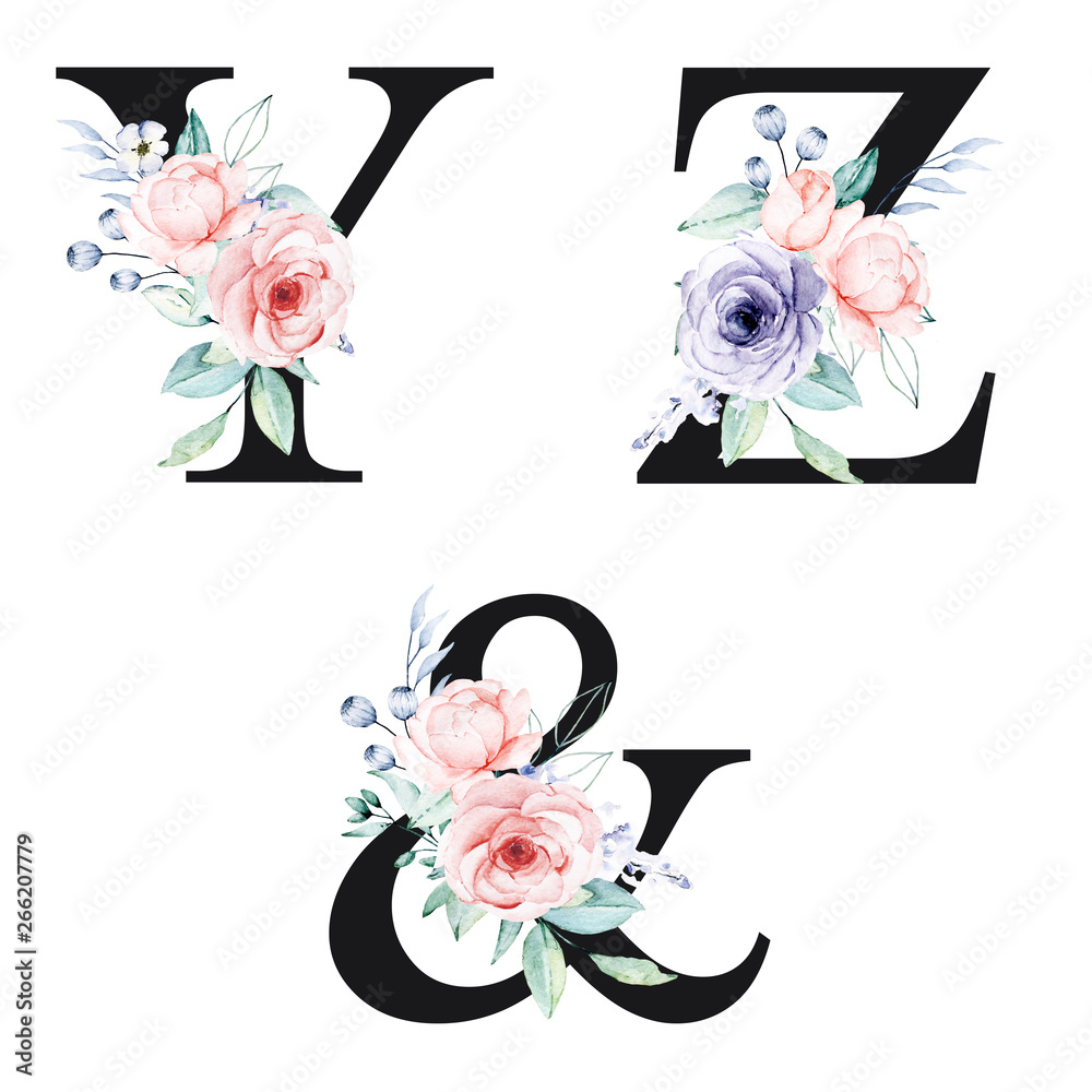 Floral alphabet, letters Y, Z, & with watercolor flowers and leaf ...
