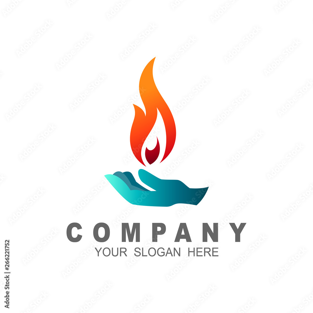 Hand + fire logo design, fire icon with template Stock Vector | Adobe Stock