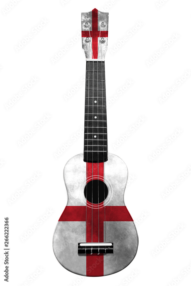 Hawaiian national guitar, ukulele, with a painted England flag, on a ...