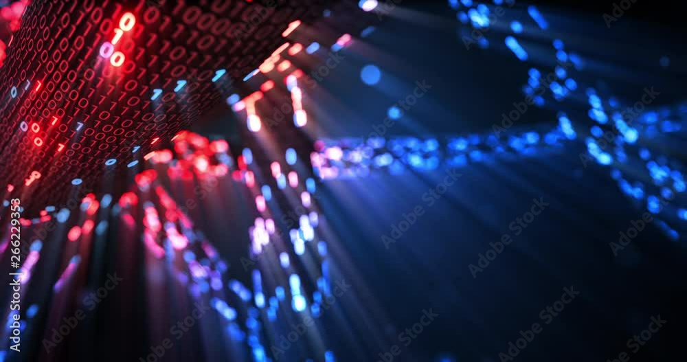 Hacking red and blue digital binary code matrix 01 background. Hacker ...
