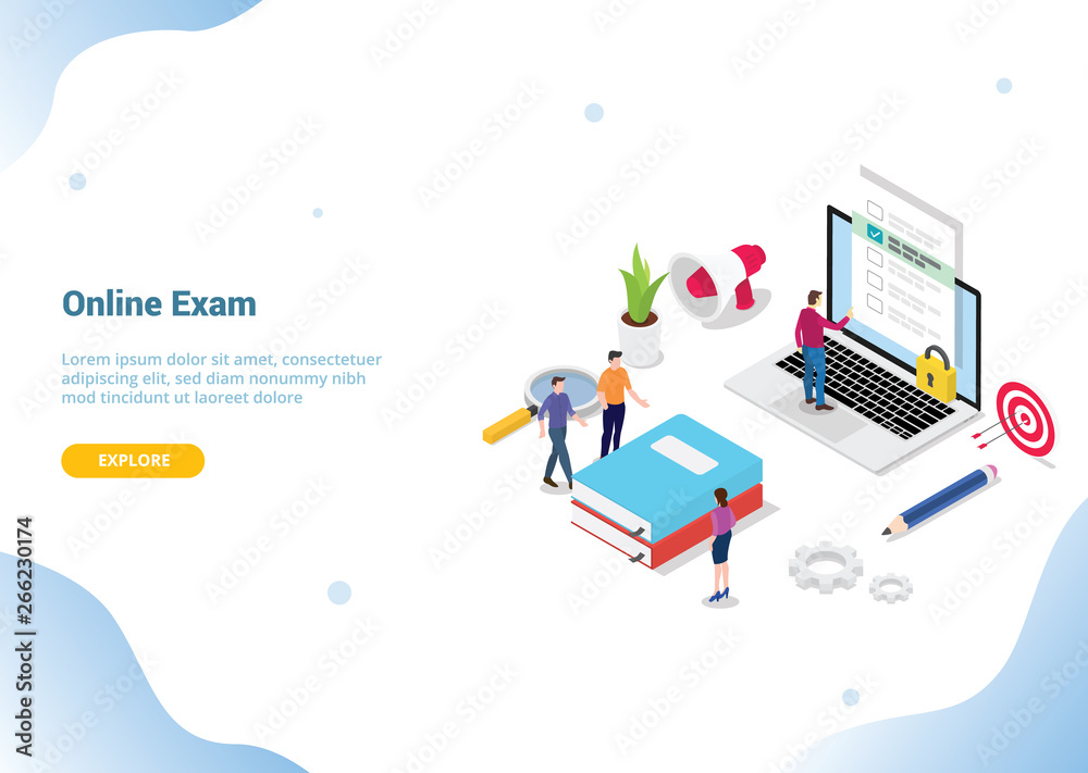 isometric 3d online exam or course concept for website template banner ...