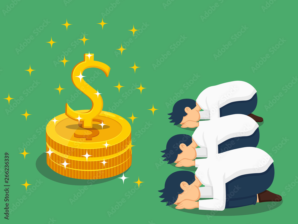 Illustration depicts people's worship of money. Dollar sign. Vector art ...
