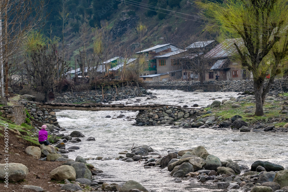 Beautiful landscape lidder stream Pahalgam, Laripora village in spring ...
