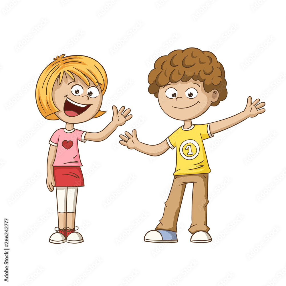 Two smiling cartoon kids. Hand drawn vector illustration. Each on a ...