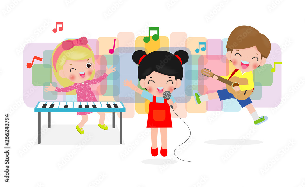 cute kids and music, children playing musical instruments vector ...