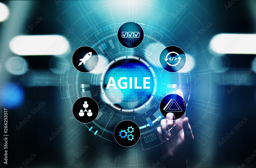 Agile development methodology concept on virtual screen. Technology ...