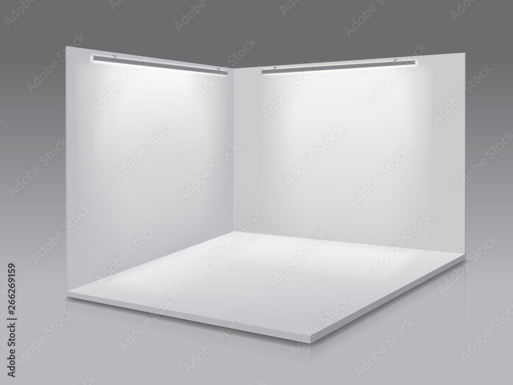 Blank display exhibition stand. White empty panels, Podium for ...