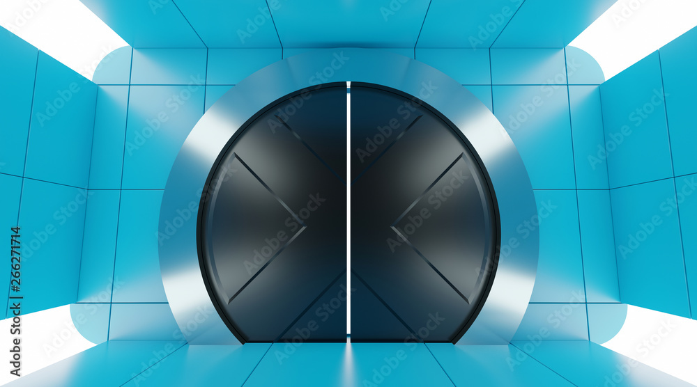 Futuristic metallic door. Sci fi round heavy door in futuristic blue ...