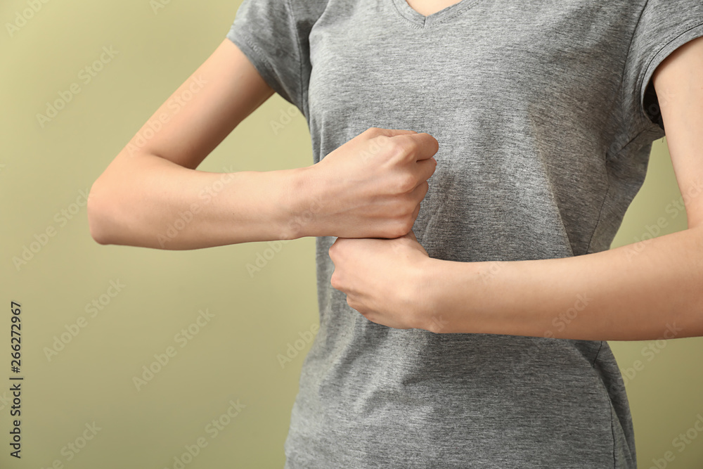 Woman showing gesture on color background, closeup Stock Photo | Adobe ...