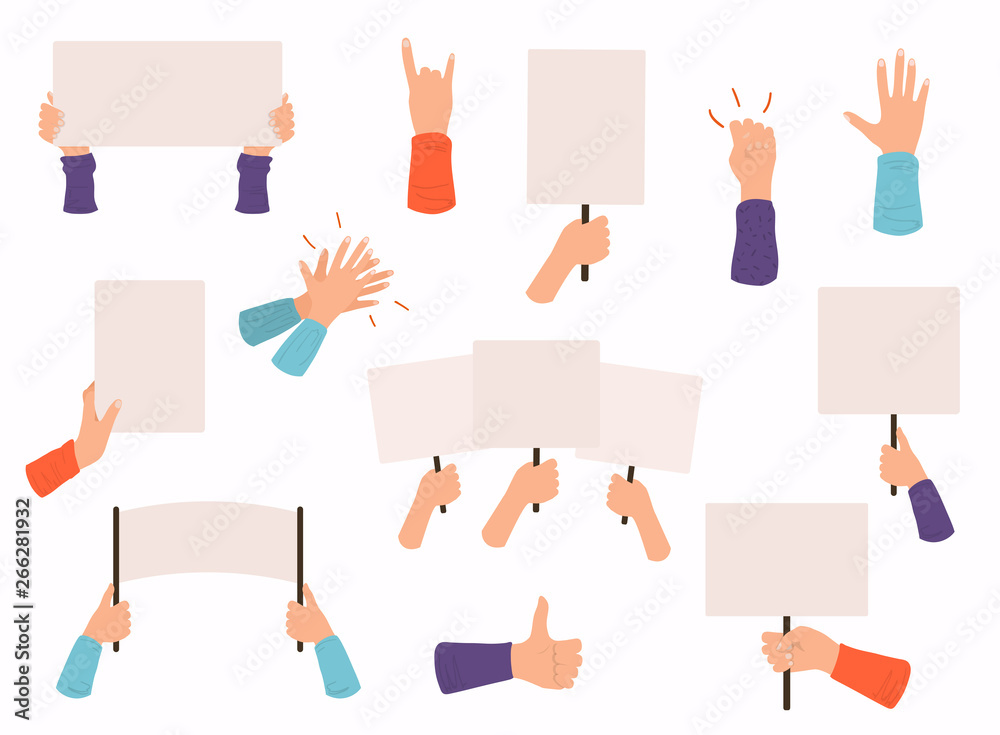 Concept of hands hold different banners, manifestation sign placard ...