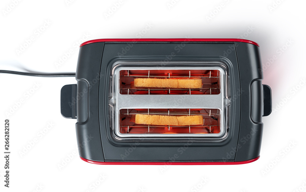 Bread toasted in toaster top view, isolated on white background. File ...