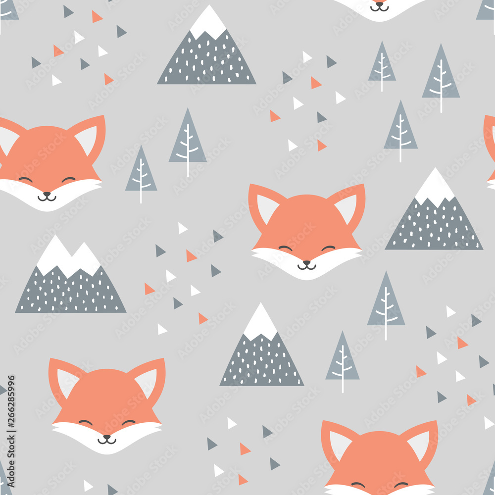 Fox Seamless Pattern Background, Scandinavian Happy cute fox in the ...