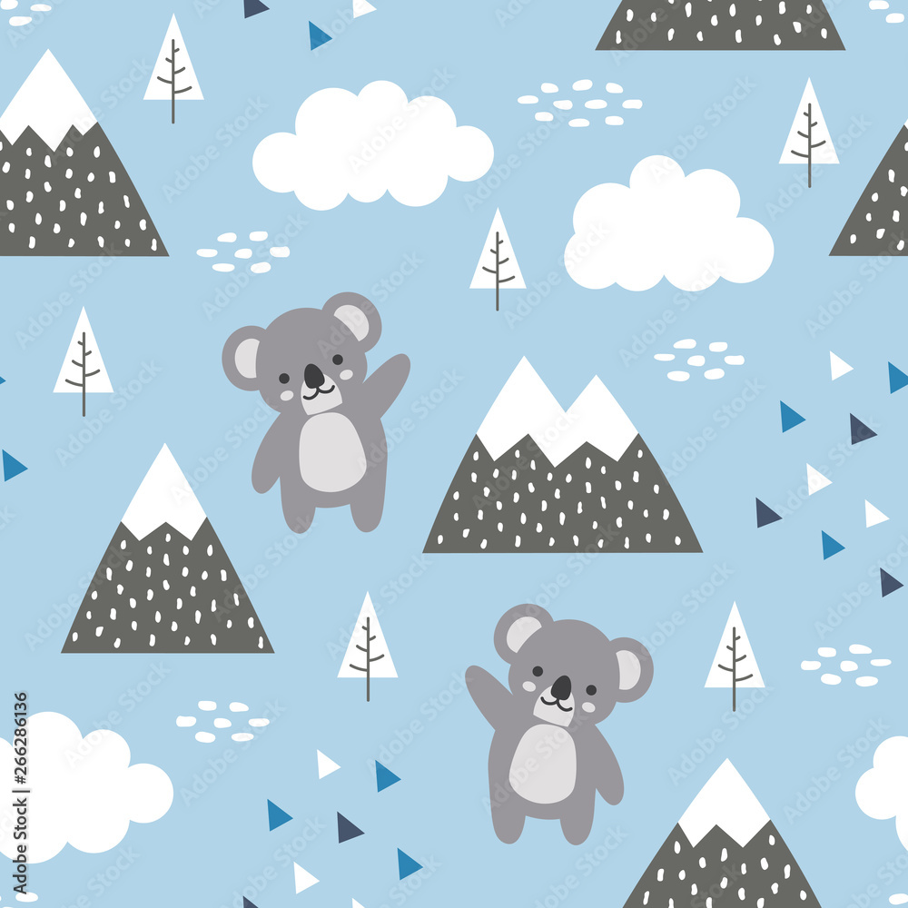 Koala Seamless Pattern Background, Scandinavian Happy cute koala in the ...