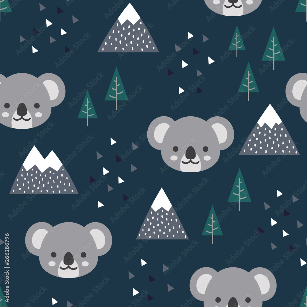 Koala Seamless Pattern Background, Scandinavian Happy cute koala in the ...