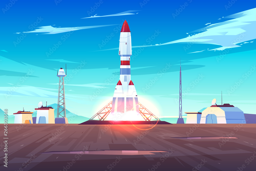Spaceship start, heavy rocket carrier taking-off, launching satellite ...
