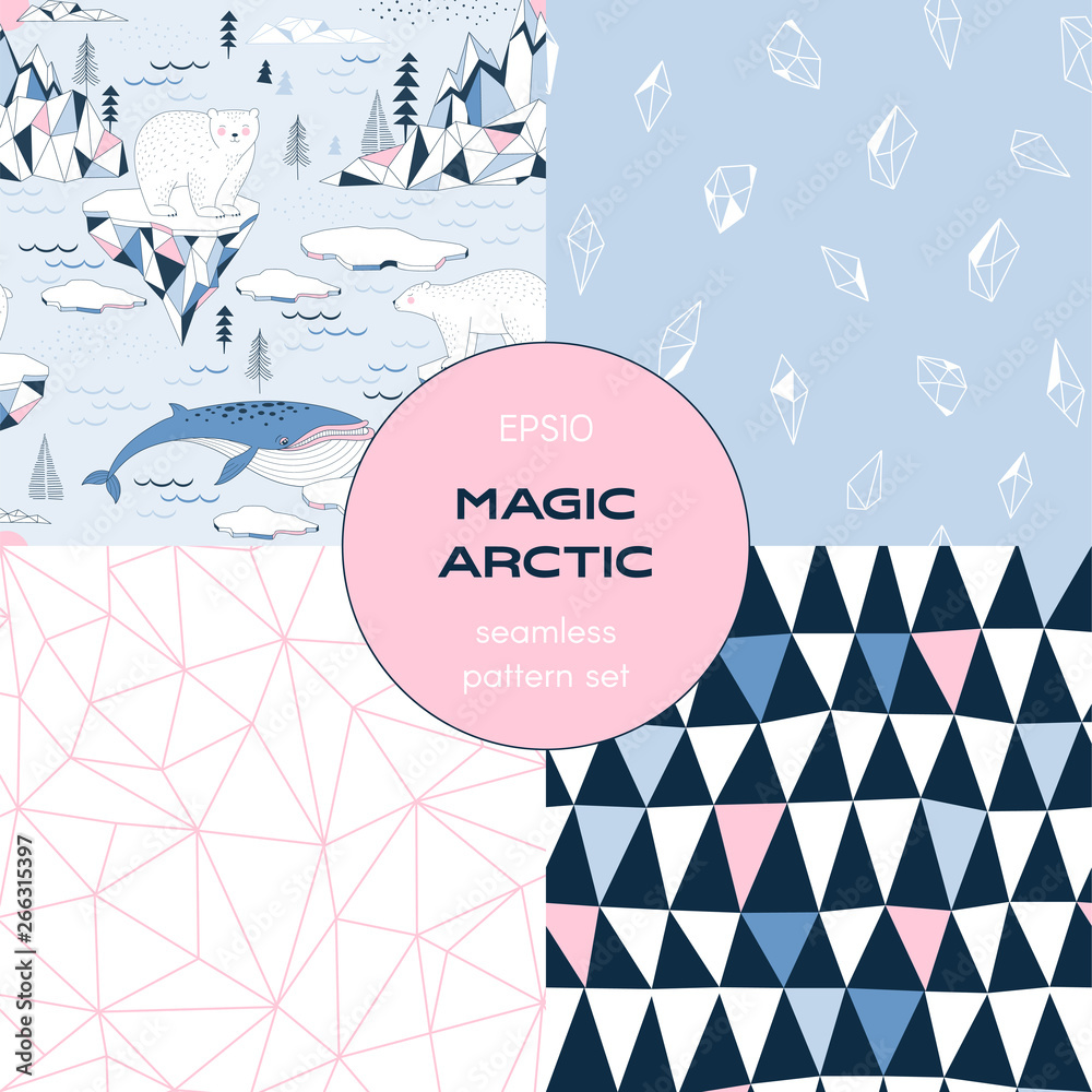 Icy Antarctic nature pattern set. Backdrop with Iceberg Polar Bear Blue ...