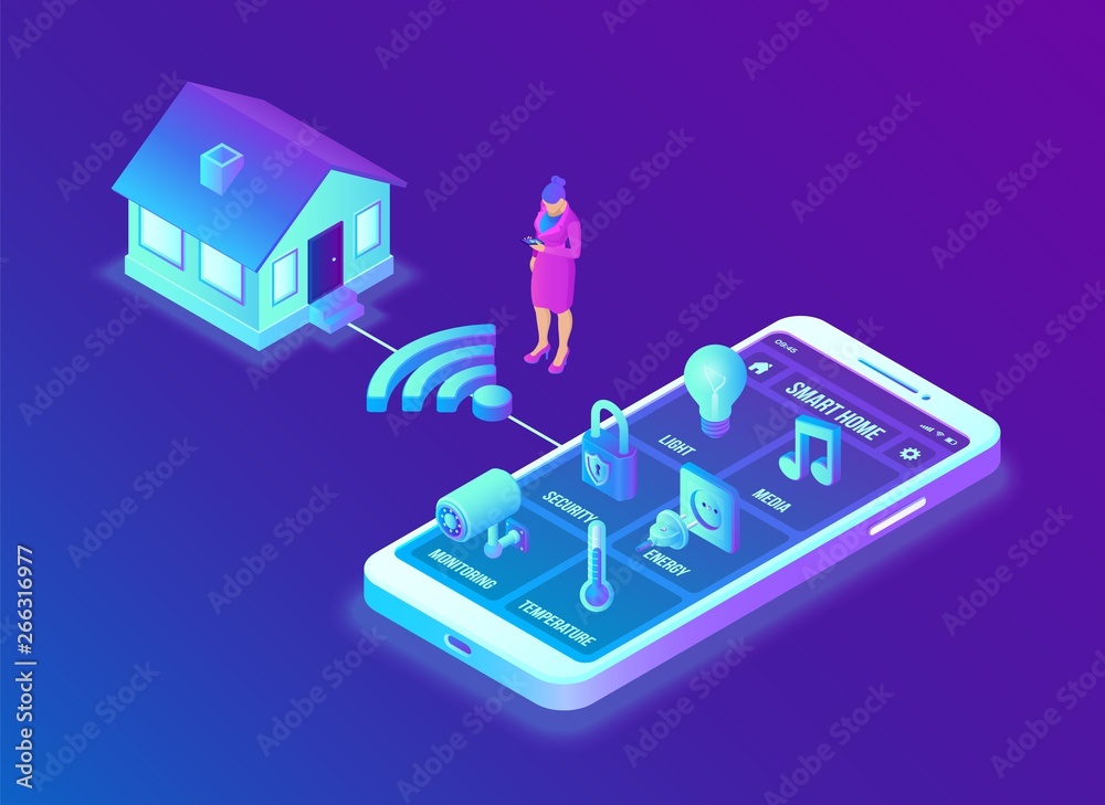 Smart home system concept. 3D isometric remote house control system ...