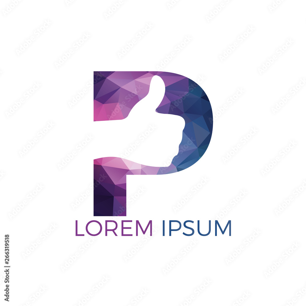 Letter P and Thumbs up vector logo design. Like sign icon. Hand finger ...