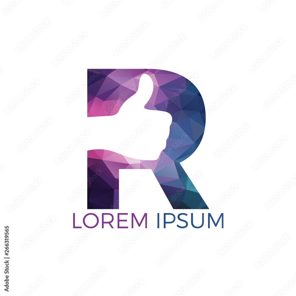 Letter R and Thumbs up vector logo design. Like sign icon. Hand finger ...