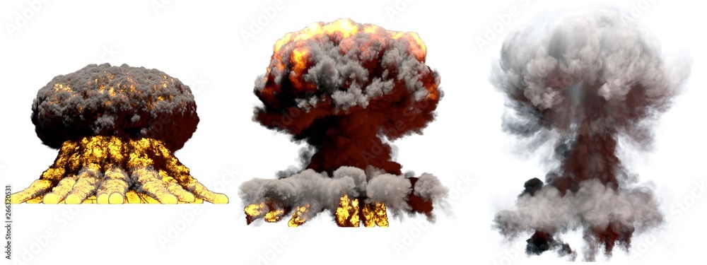 3D illustration of explosion - 3 huge different phases fire mushroom ...