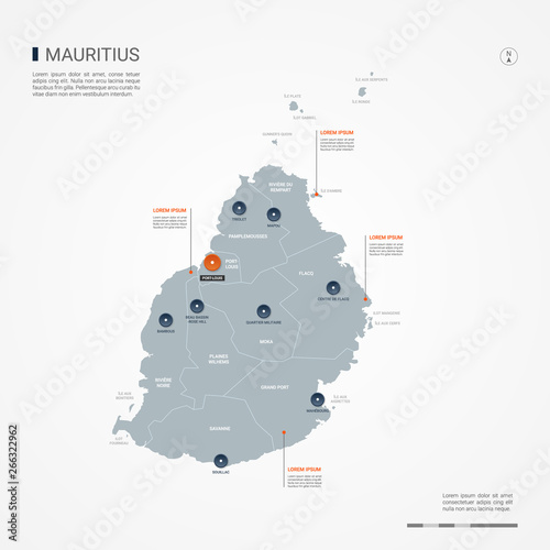 Mauritius map with borders, cities, capital and administrative ...
