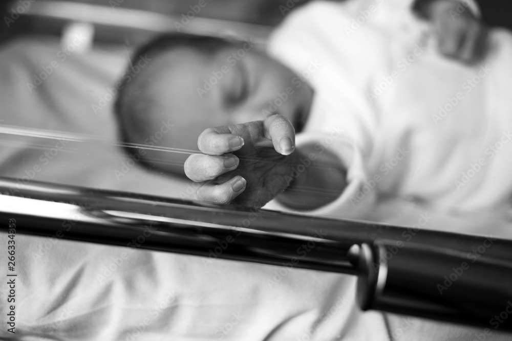 A newborn baby lies in a box in the hospital. Little baby shows his ...