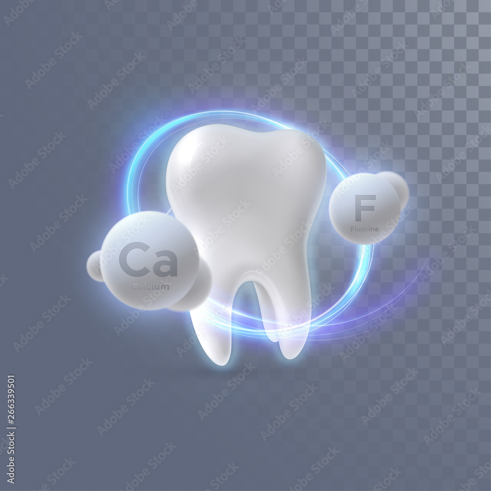 Realistic 3d tooth with calcium and fluorine particles isolated on ...