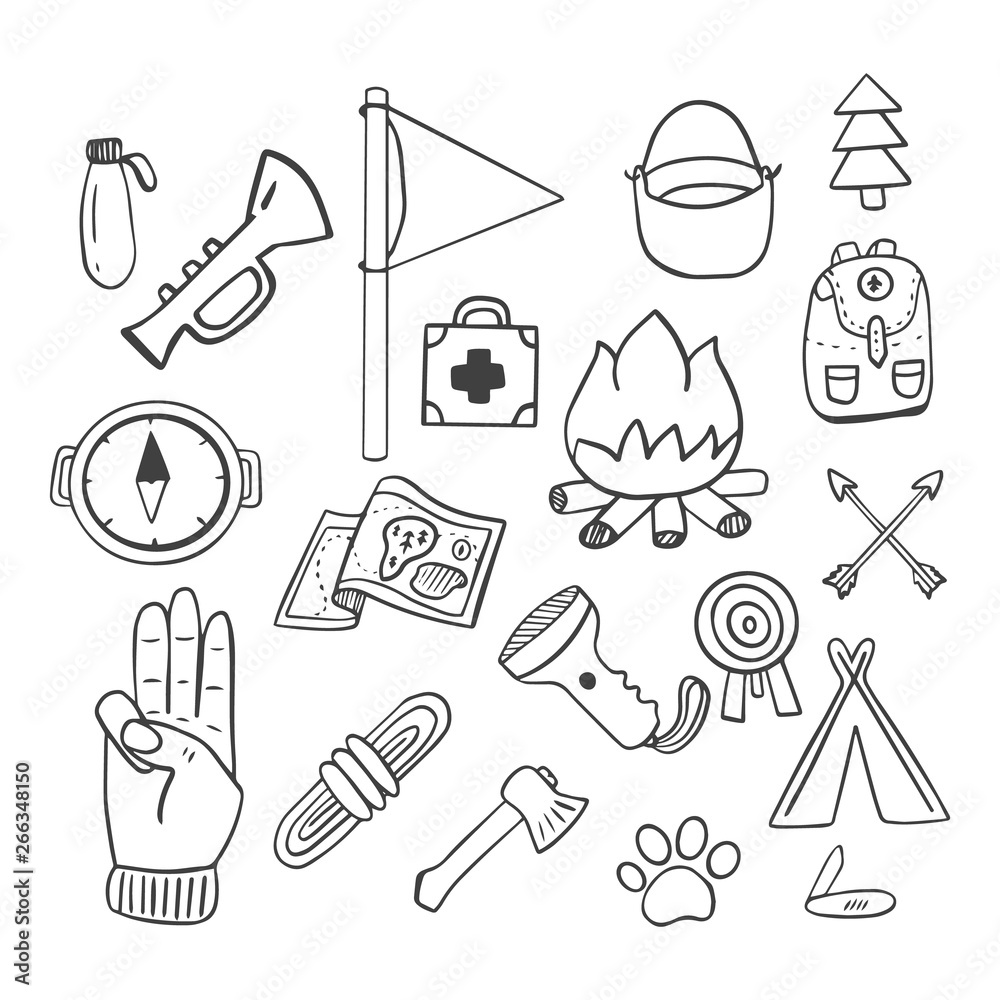 Scouting Doodle drawings are a set of objects for scouting. Stock ...