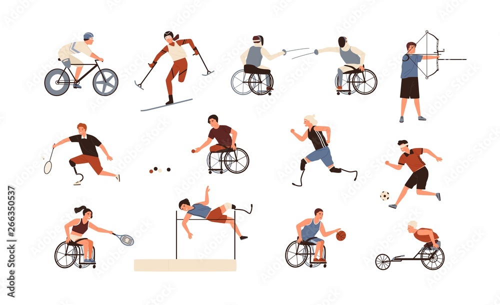 Collection of male and female paralympic athletes isolated on white ...