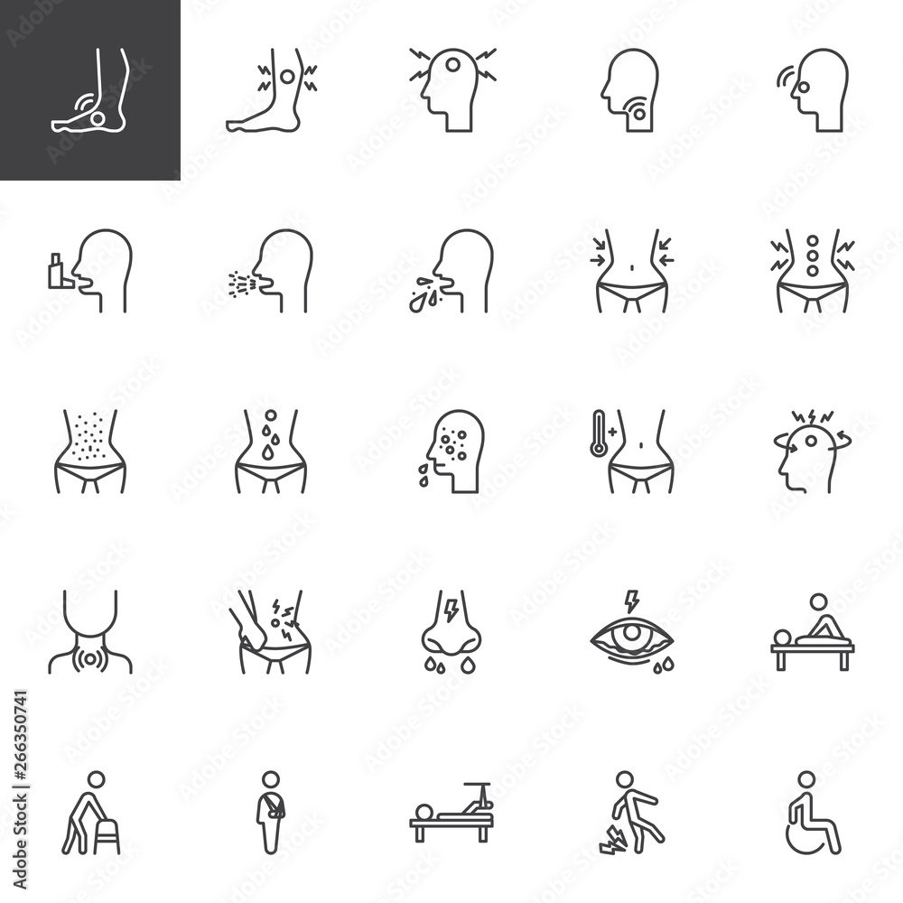 Vetor de Health conditions and diseases line icons set. linear style ...