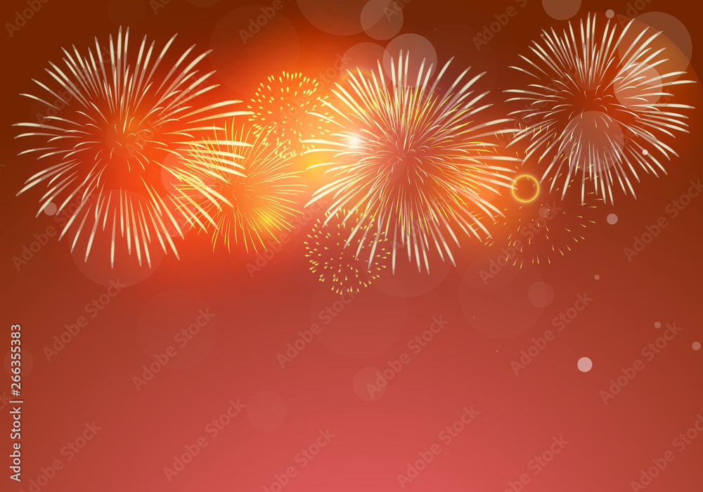 colorful fireworks vector on dark red background with sparking bokehs ...