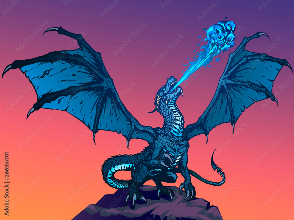 Dragon fire breathing spreading wings, illustration Stock Vector ...