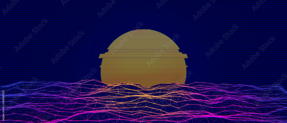 Abstract dark purple polygonal terrain relief with sun illustration in ...