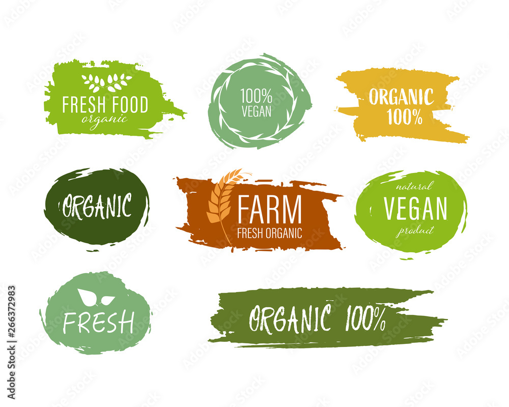 set of Organic label and natural label hand drawn brush. Tag and ...