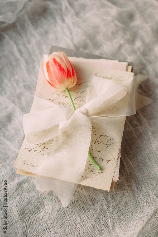 Wedding calligraphy with red tulip and beige ribbon. Invitation card ...
