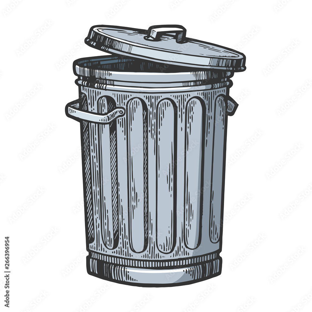 Metal trash can color sketch engraving vector illustration. Scratch ...