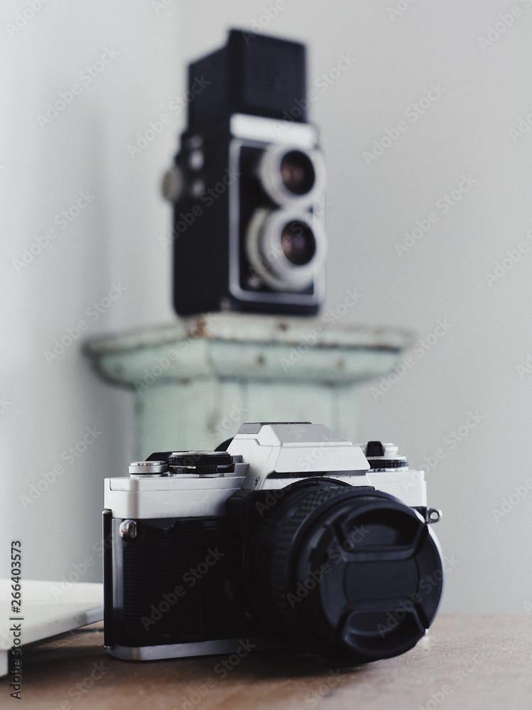 two vintage film cameras with background blur and grain Stock Photo ...