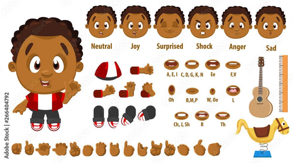 Cartoon afro-american boy constructor for animation. Parts of body, set ...