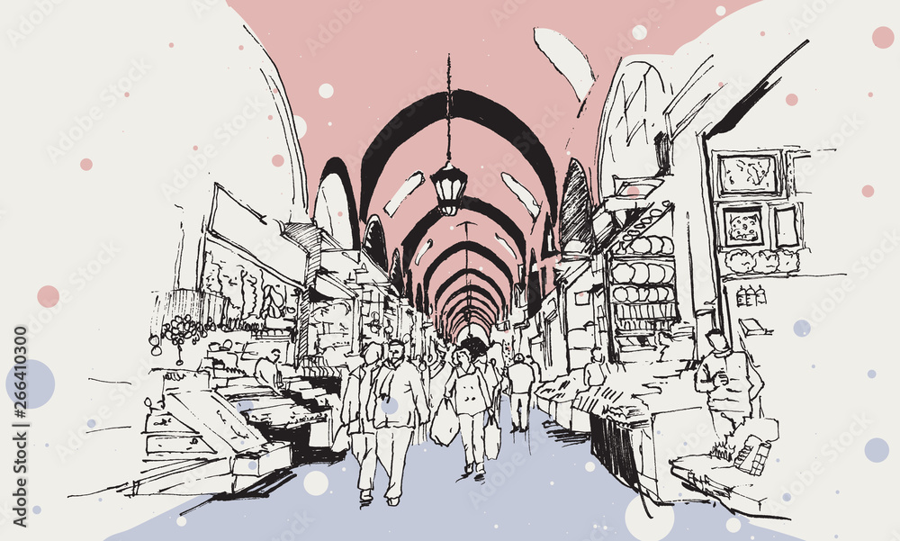 Drawing sketch illustration of the Egyptian Bazaar, Istanbul Stock ...