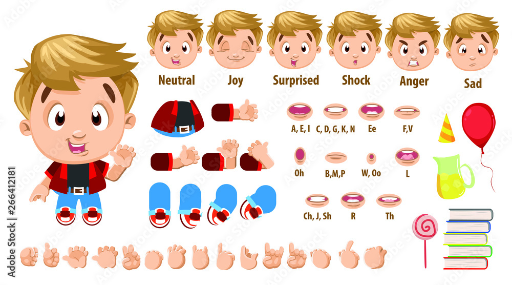 Cartoon blond boy constructor for animation. Parts of body, set of ...