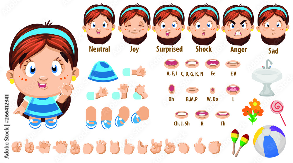 Cartoon brunette girl constructor for animation. Parts of body, set of ...