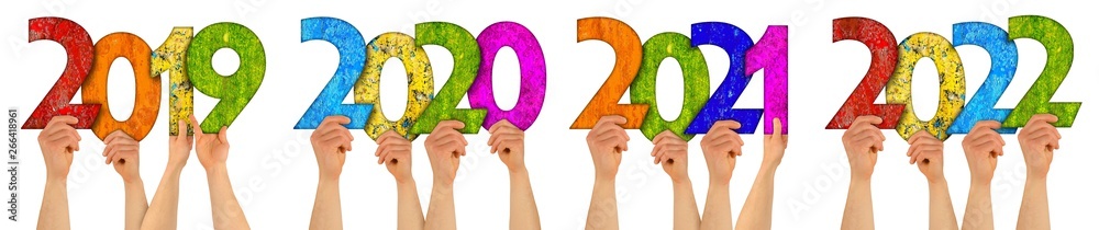Foto de people holding up year date letter numbers 2019 2020 2021 and ...